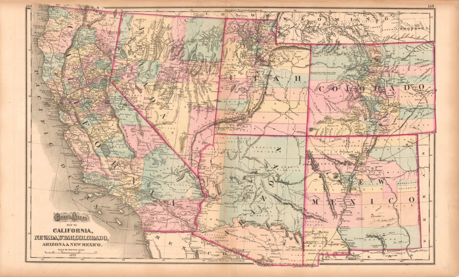 Grays Atlas Map of California, Nevada, Utah, Colorado, Arizona & New ...