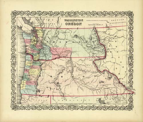 Colton's Map of Washington and Oregon 1856 - Art Source International