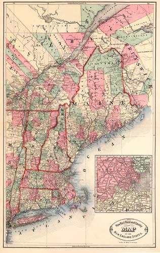 New Rail Road and County Map of the New England States - Art Source ...