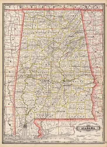 Railroad and County Map of Alabama - Art Source International