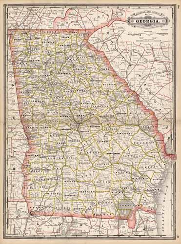 Railroad and County Map of Georgia - Art Source International