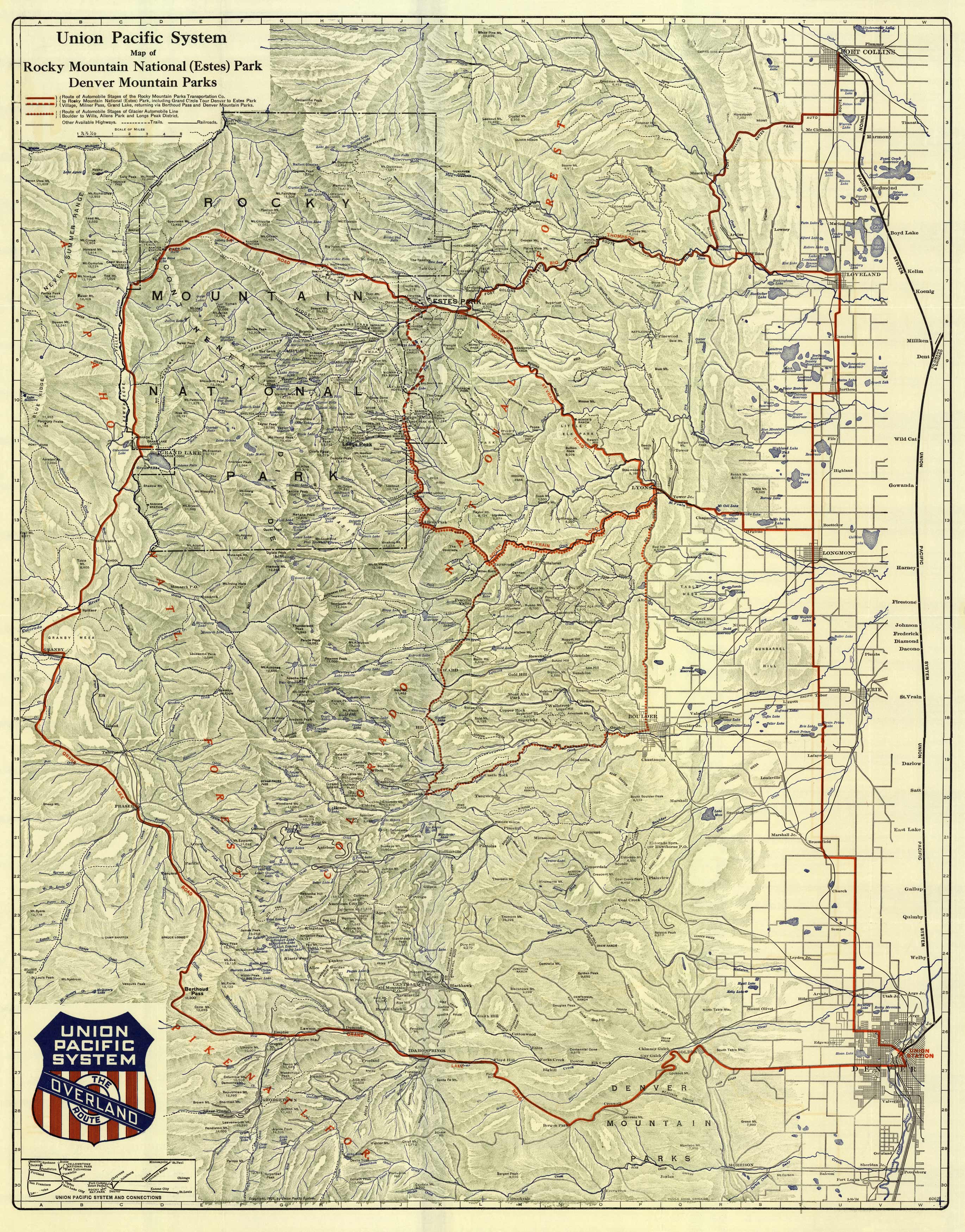 Union Pacific System Map of Rocky Mountian National (Estes) Park Denver ...