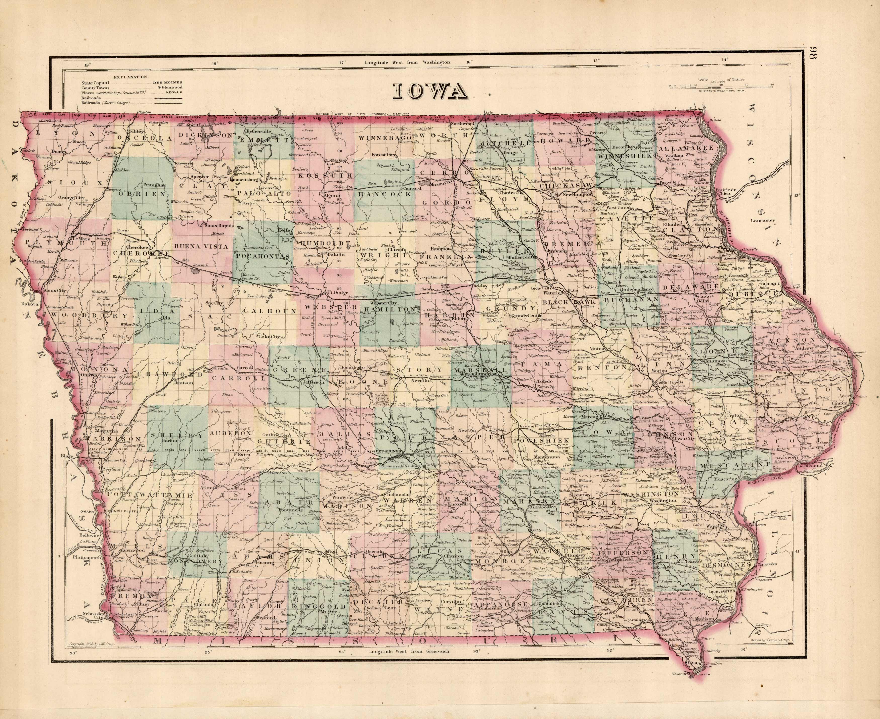 Gray's 1876 Map of Iowa - Art Source International