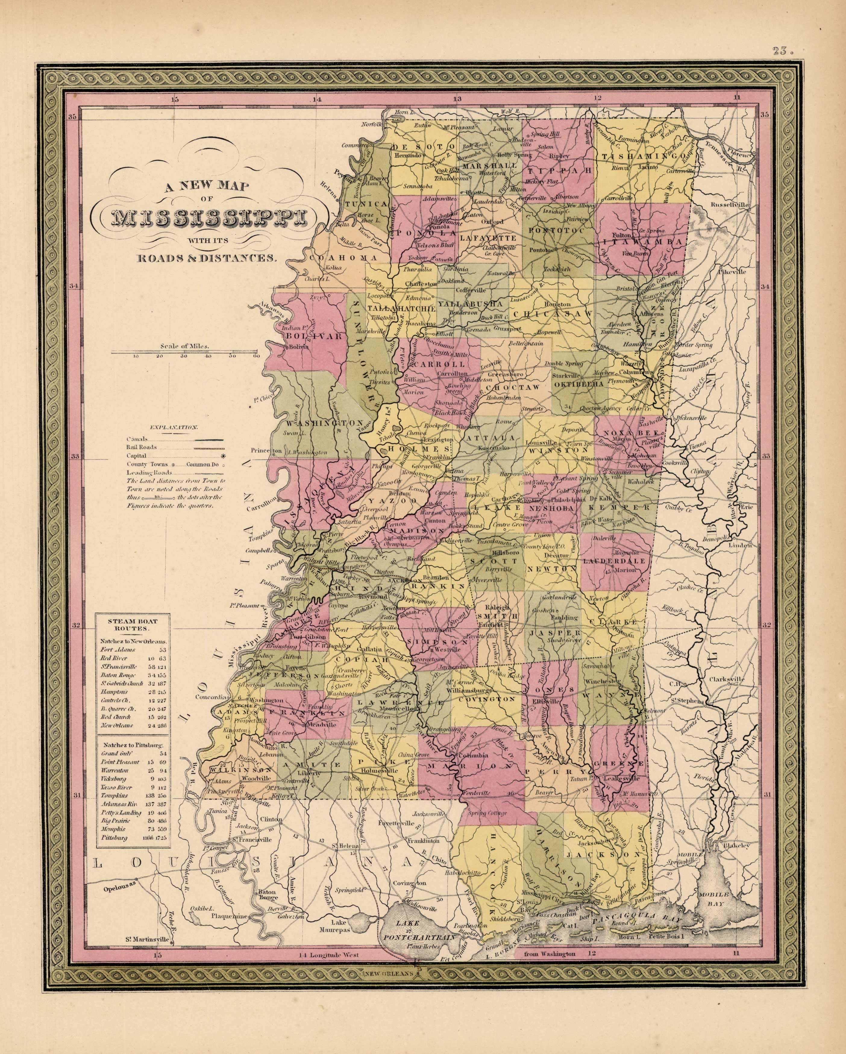 A New Map of Mississippi with its Roads & Distances - Art Source ...