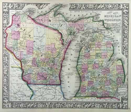 County Map of Michigan and Wisconsin - Art Source International