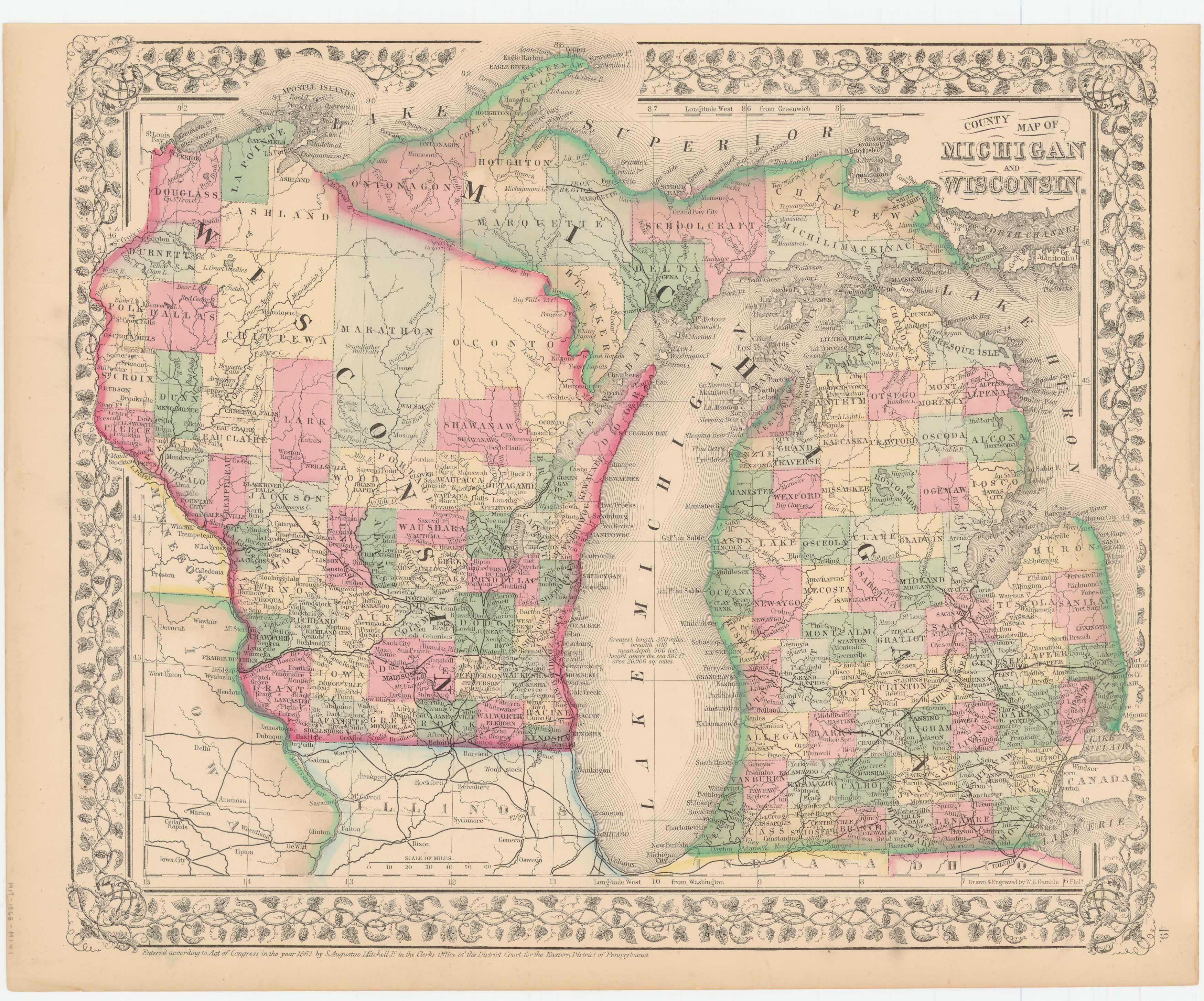 County Map of Michigan and Wisconsin - Art Source International