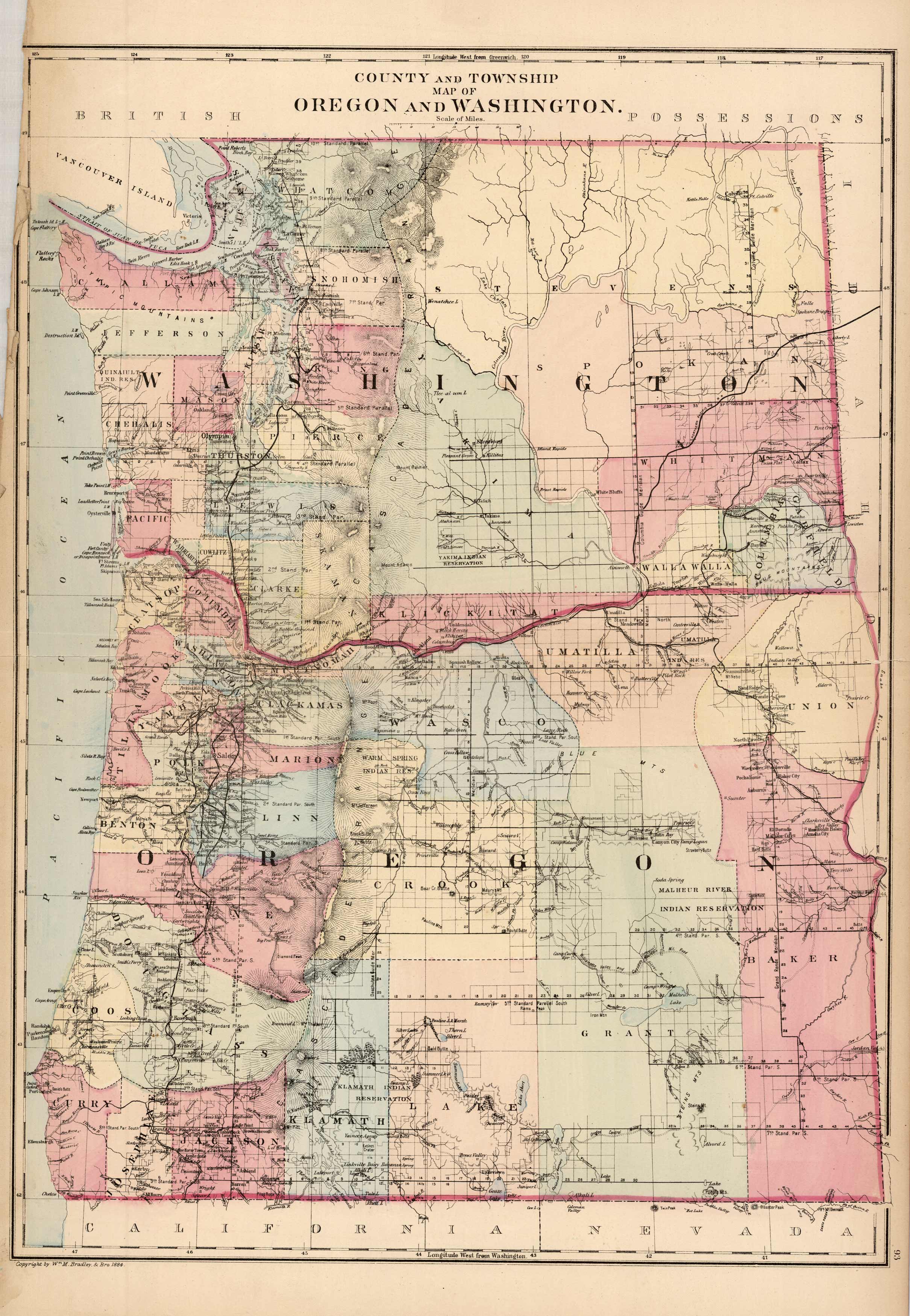 County and Township Map of Oregon and Washington - Art Source International