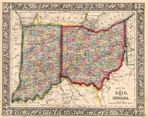 County Map of Ohio and Indiana - Art Source International