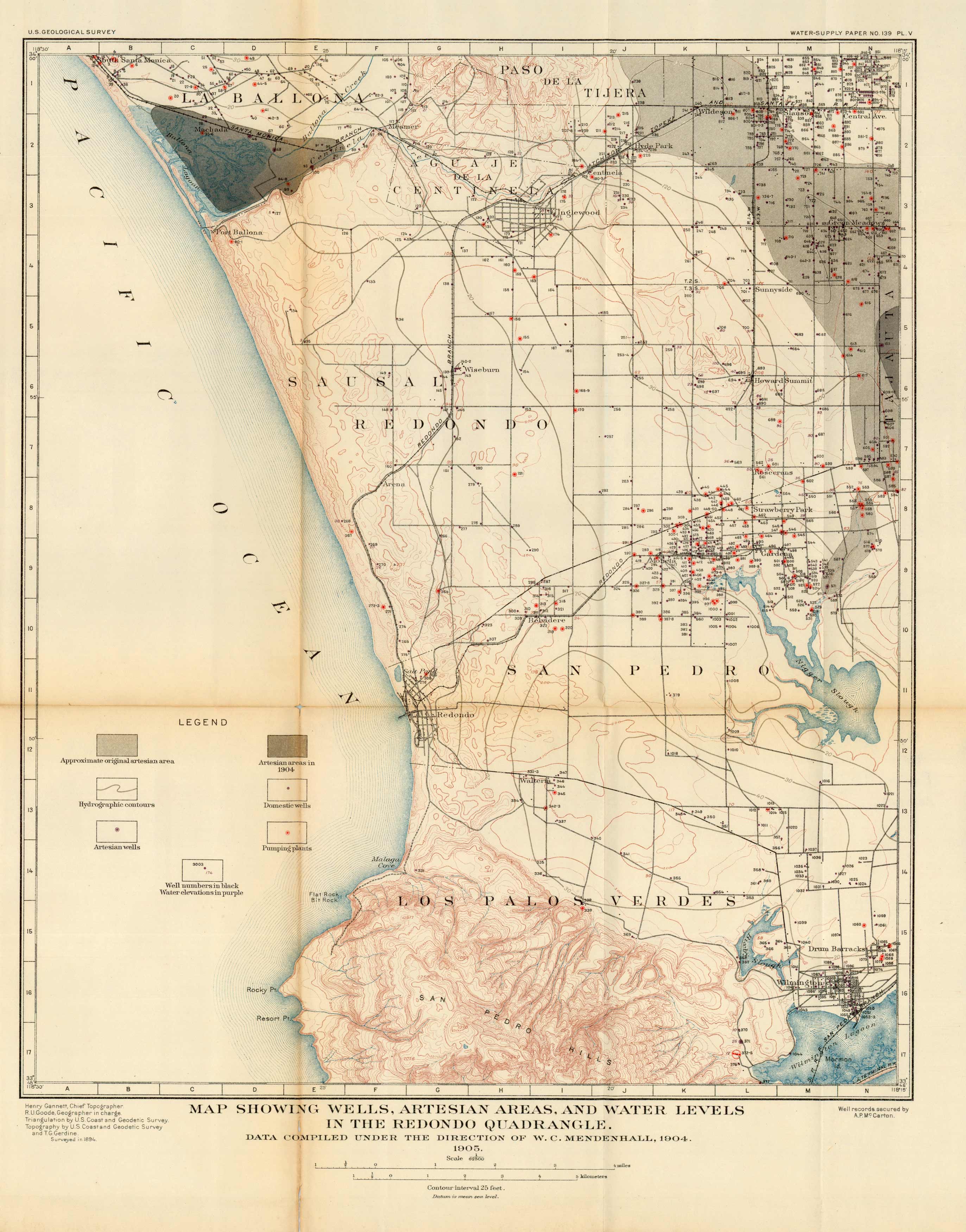 Map showing Wells, Artesian Areas, and Water Levels in the Redondo ...