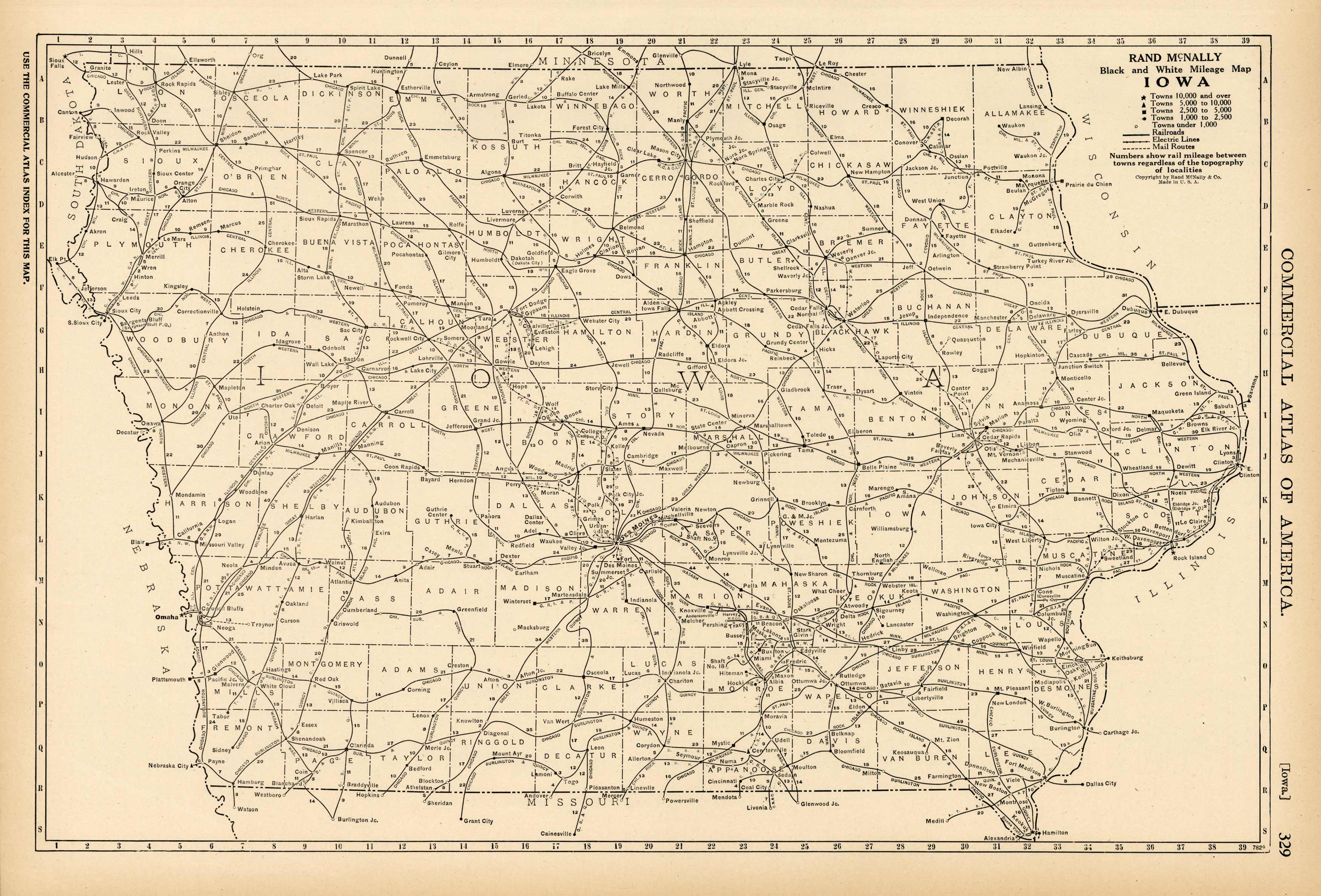 Black and White Mileage Map of Iowa - Art Source International
