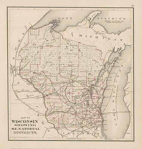 Map of Wisconsin Showing Senatorial Districts - Art Source International