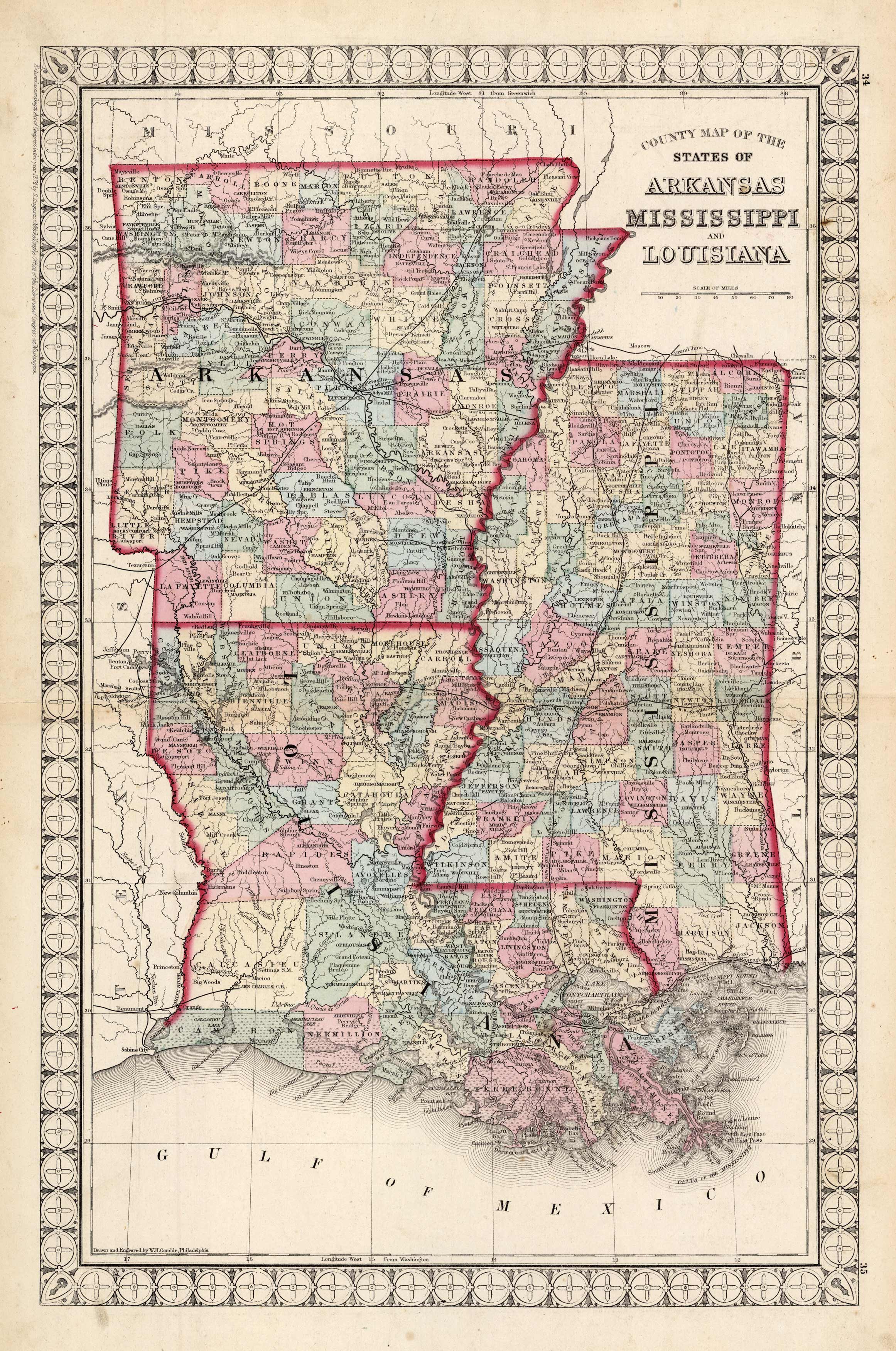 County Map of the States of Arkansas, Mississippi, and Louisiana - Art ...