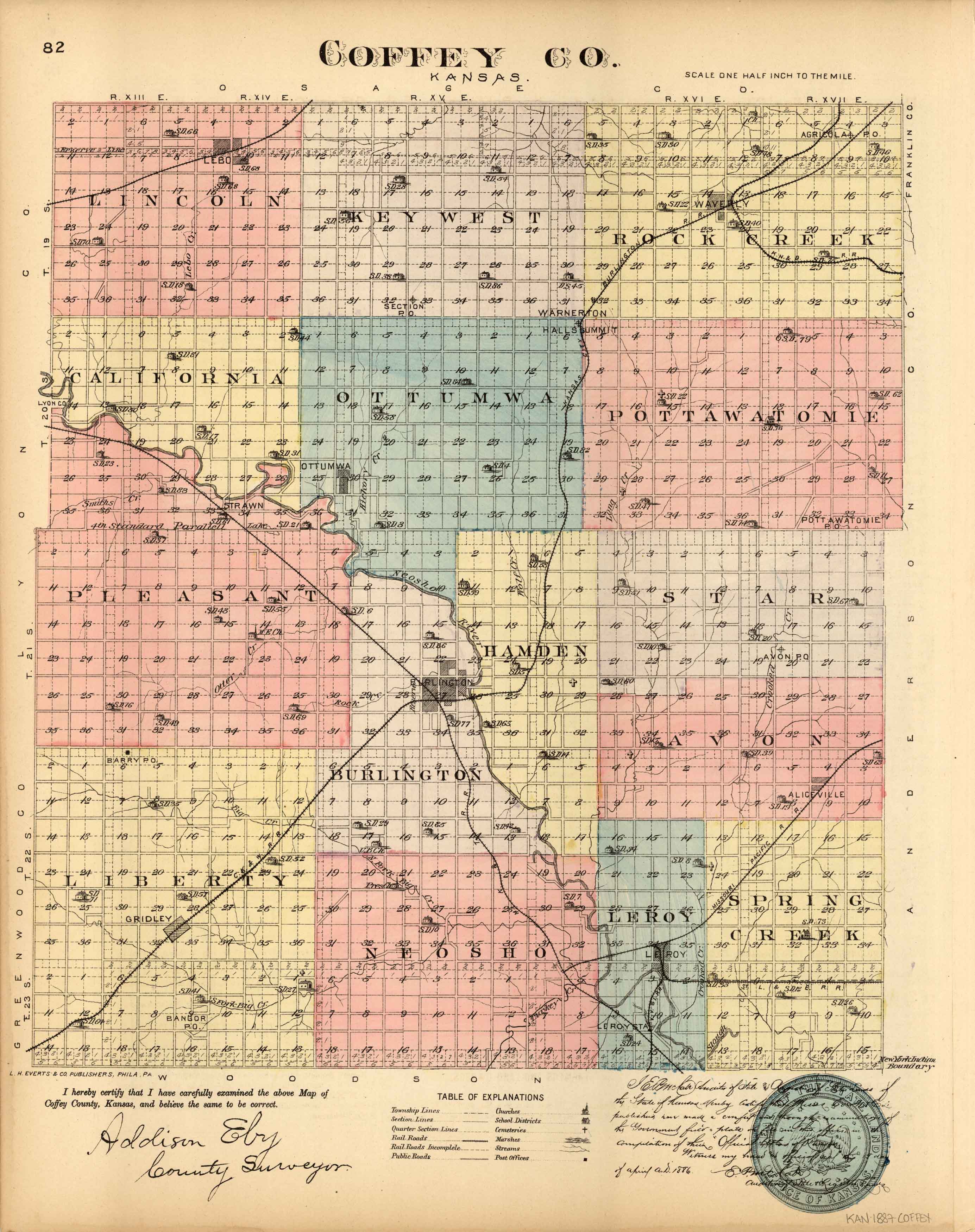 L.H. Evert's 1887 Map of Coffey County, Kansas - Art Source International