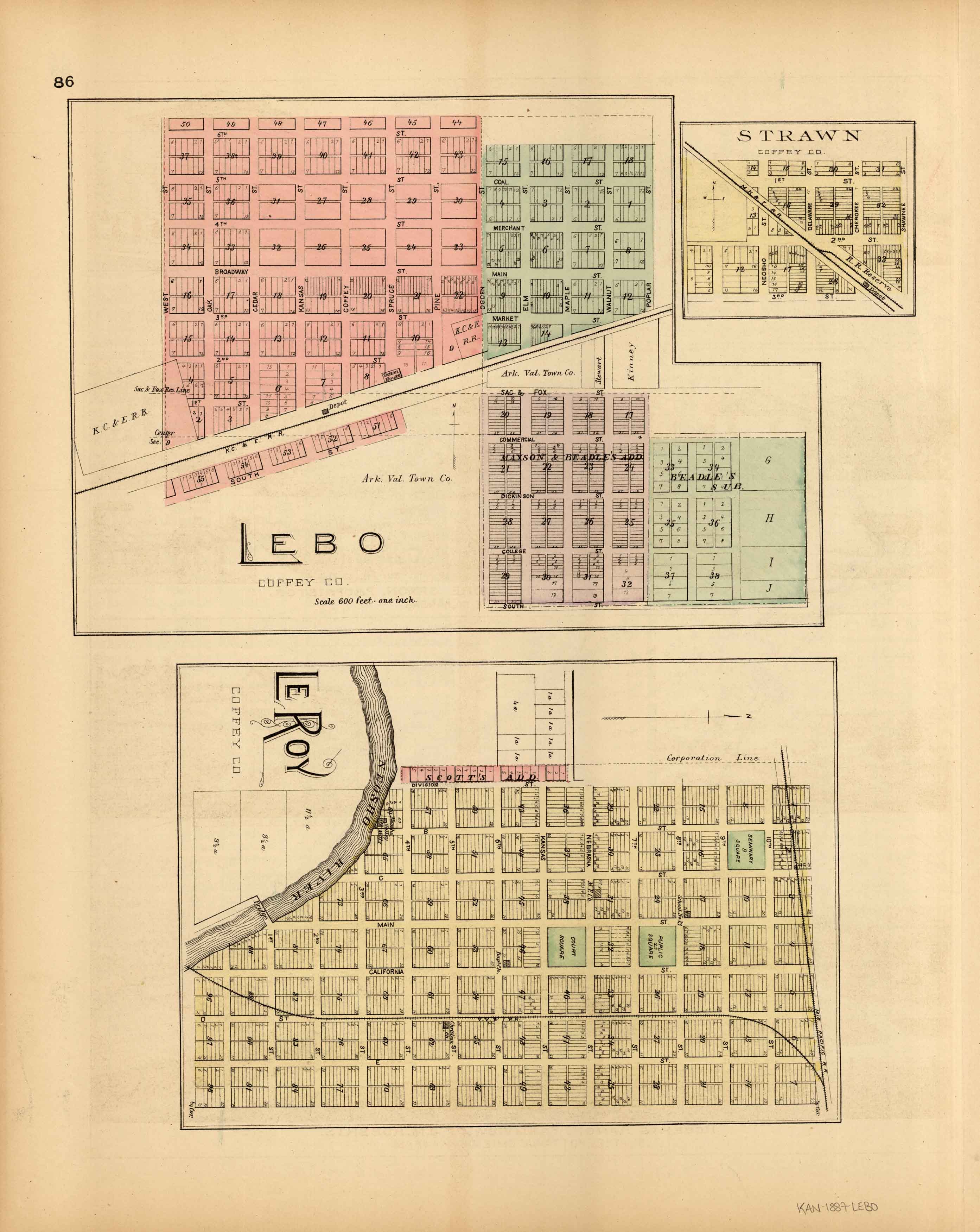 L.H. Evert's 1887 Map of Lebo, Strawn, Le Roy, Kansas - Art Source ...