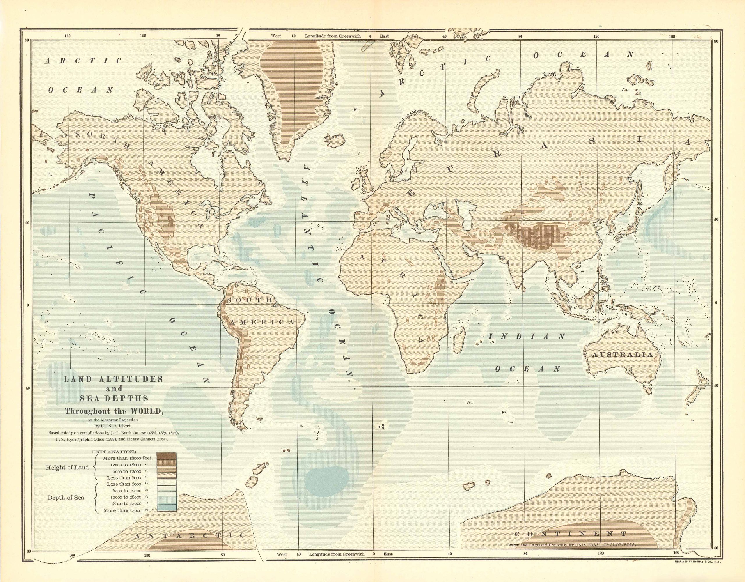 Land Altitudes and Sea Depths Throughout the World, on Mercator ...