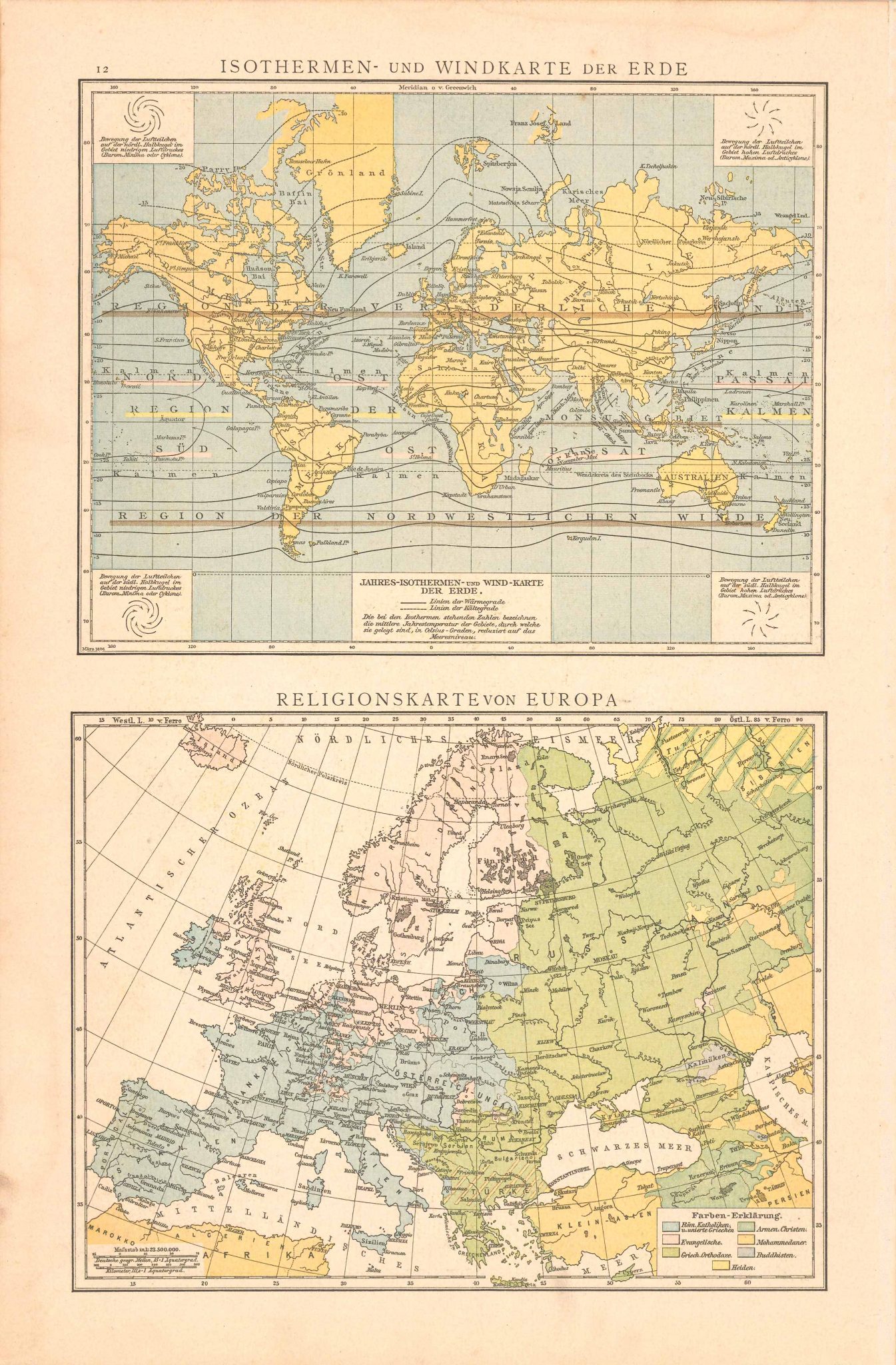 Isothermen- Und Windkarte Der Erde, Religionskarte Von Europa (Isotherm ...