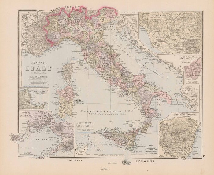 Gray's New Map of Italy with Insets of Palermo, Naples, Mount Etna, San ...