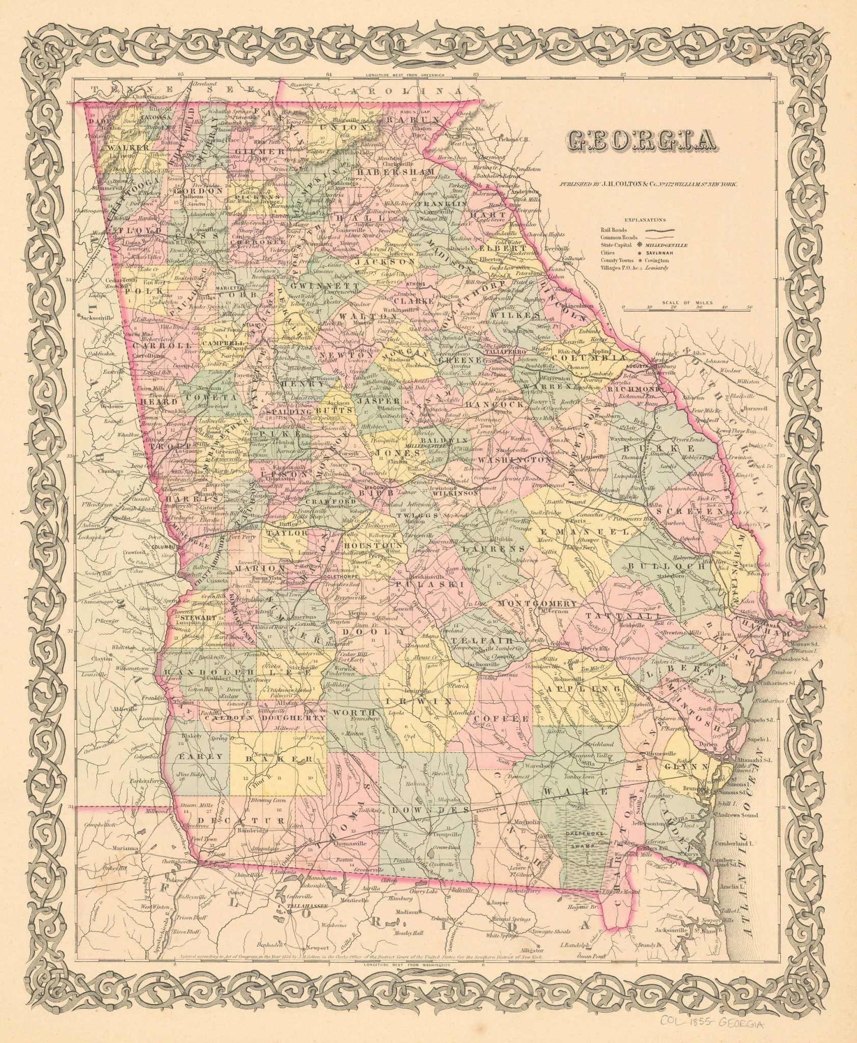 J.H. Colton's 1855 Map of Georgia - Art Source International