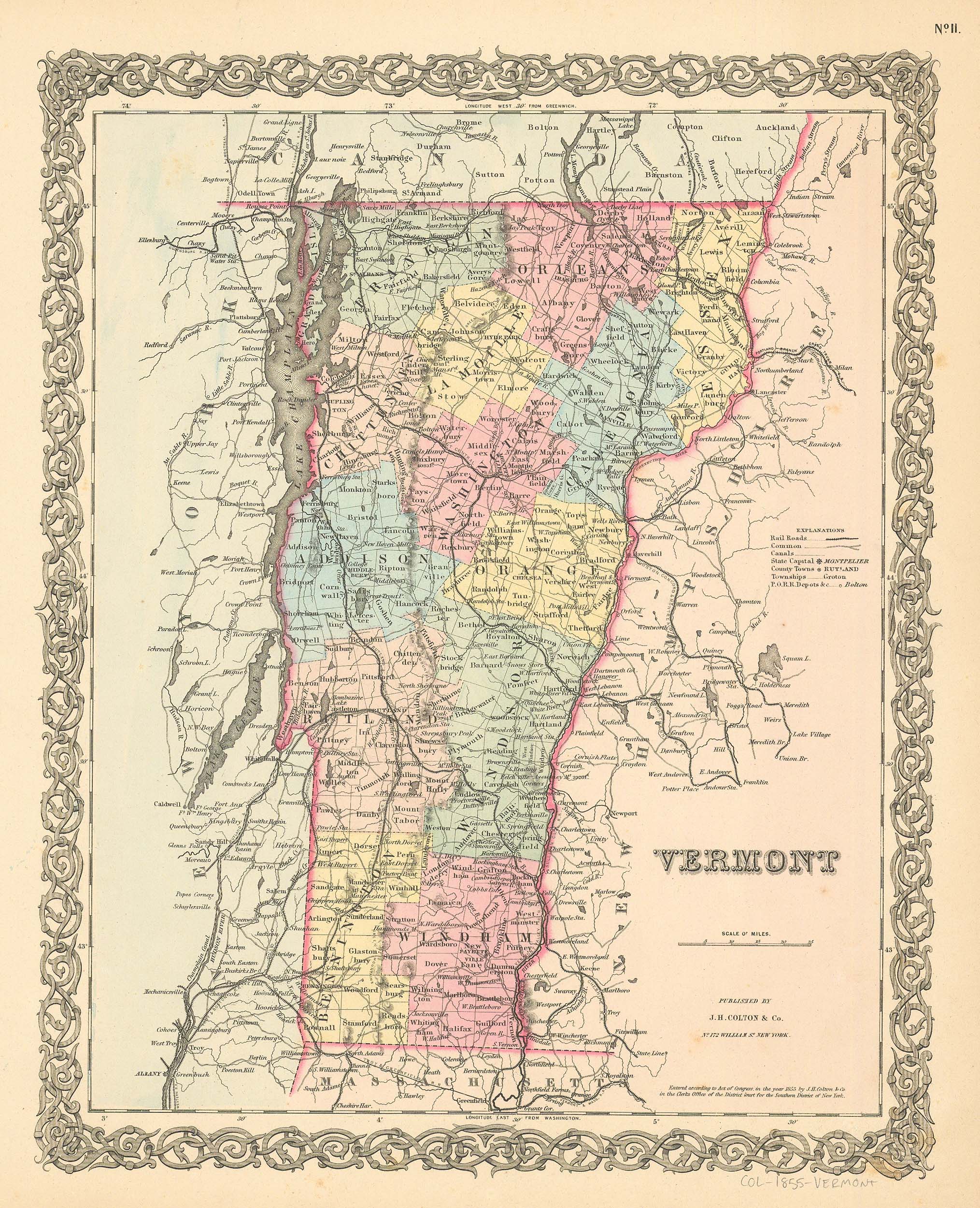J.H. Colton's 1855 Map of Vermont - Art Source International