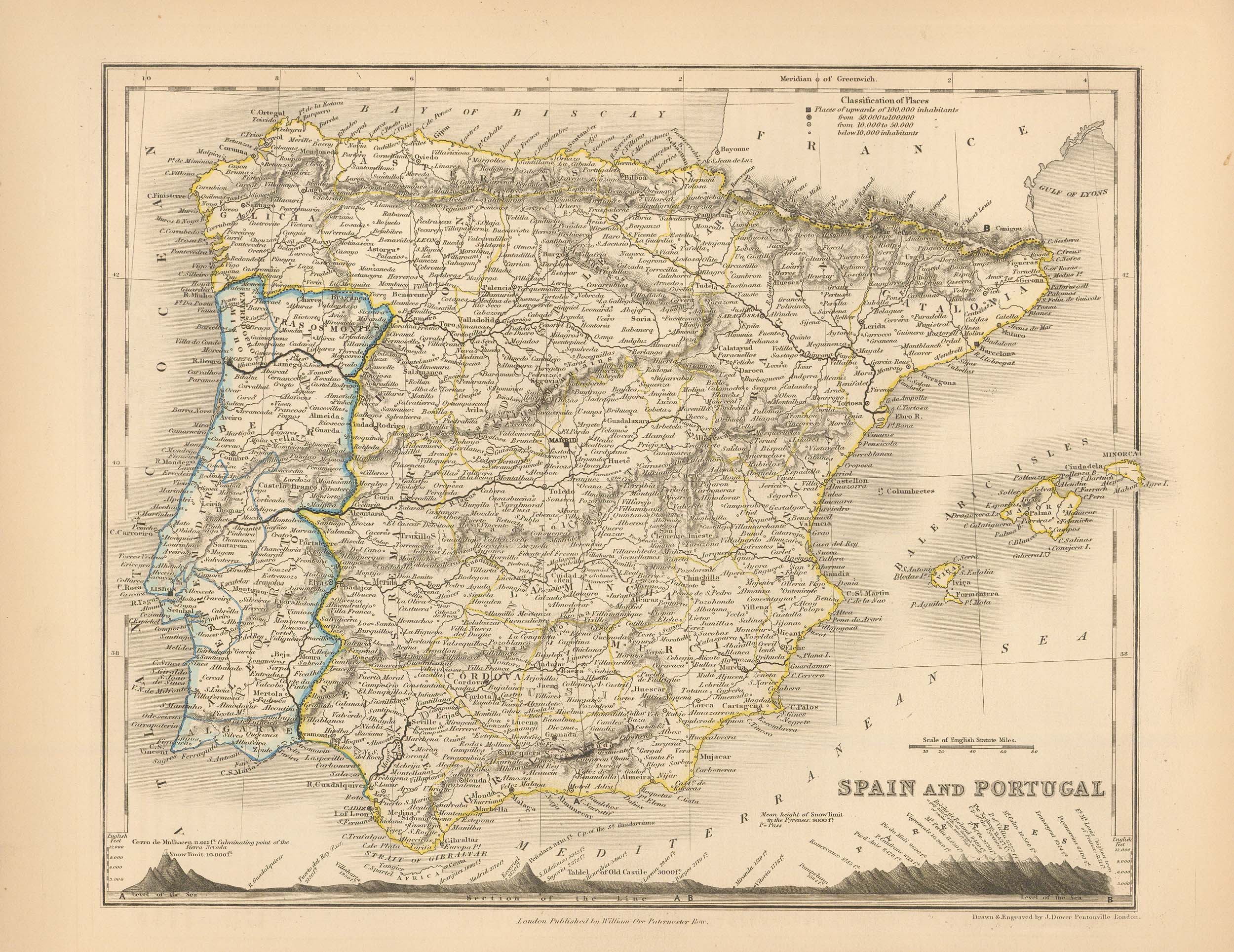 Milner's 1850 Map of Spain and Portugal - Art Source International