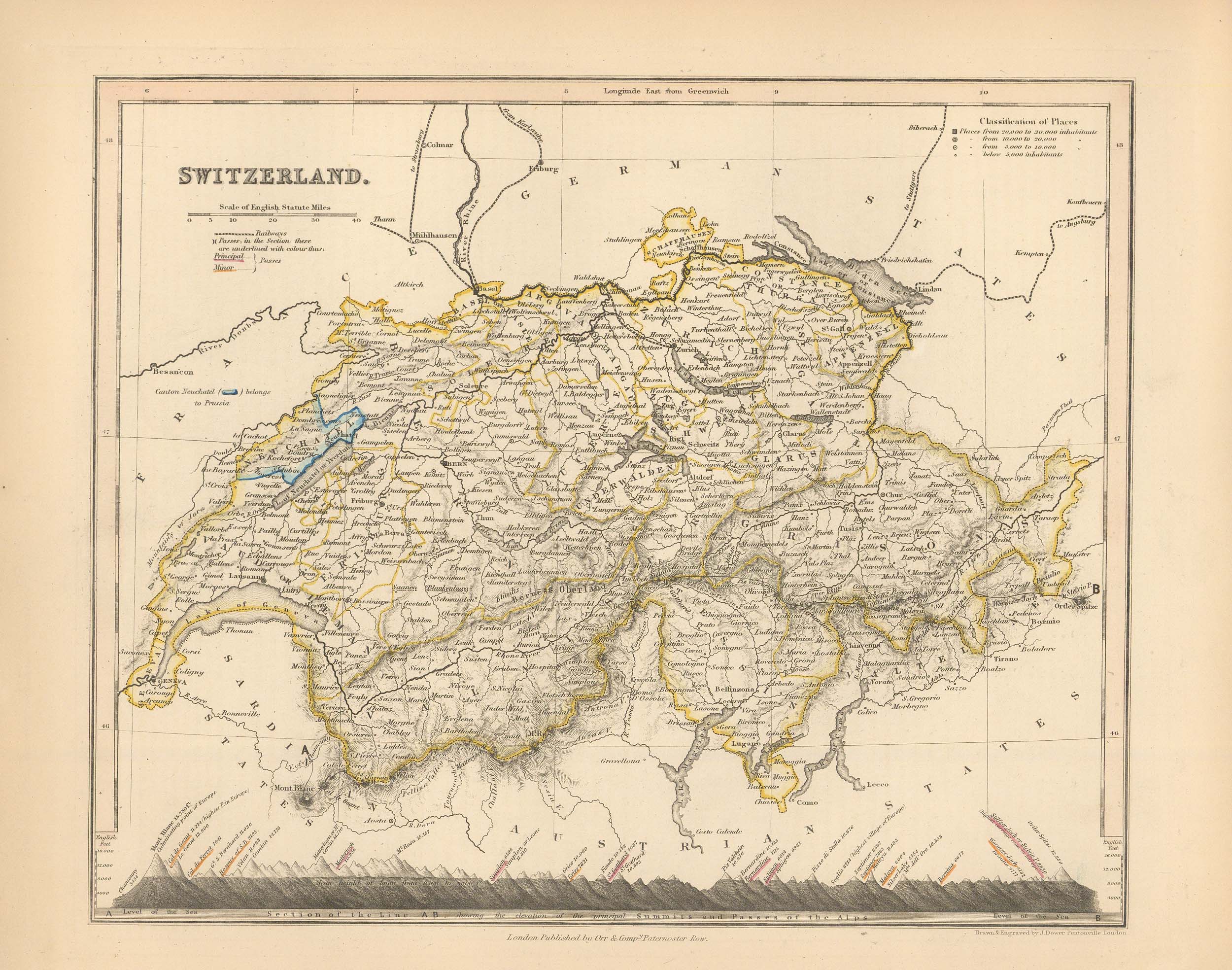 Milner's 1850 Map of Switzerland - Art Source International