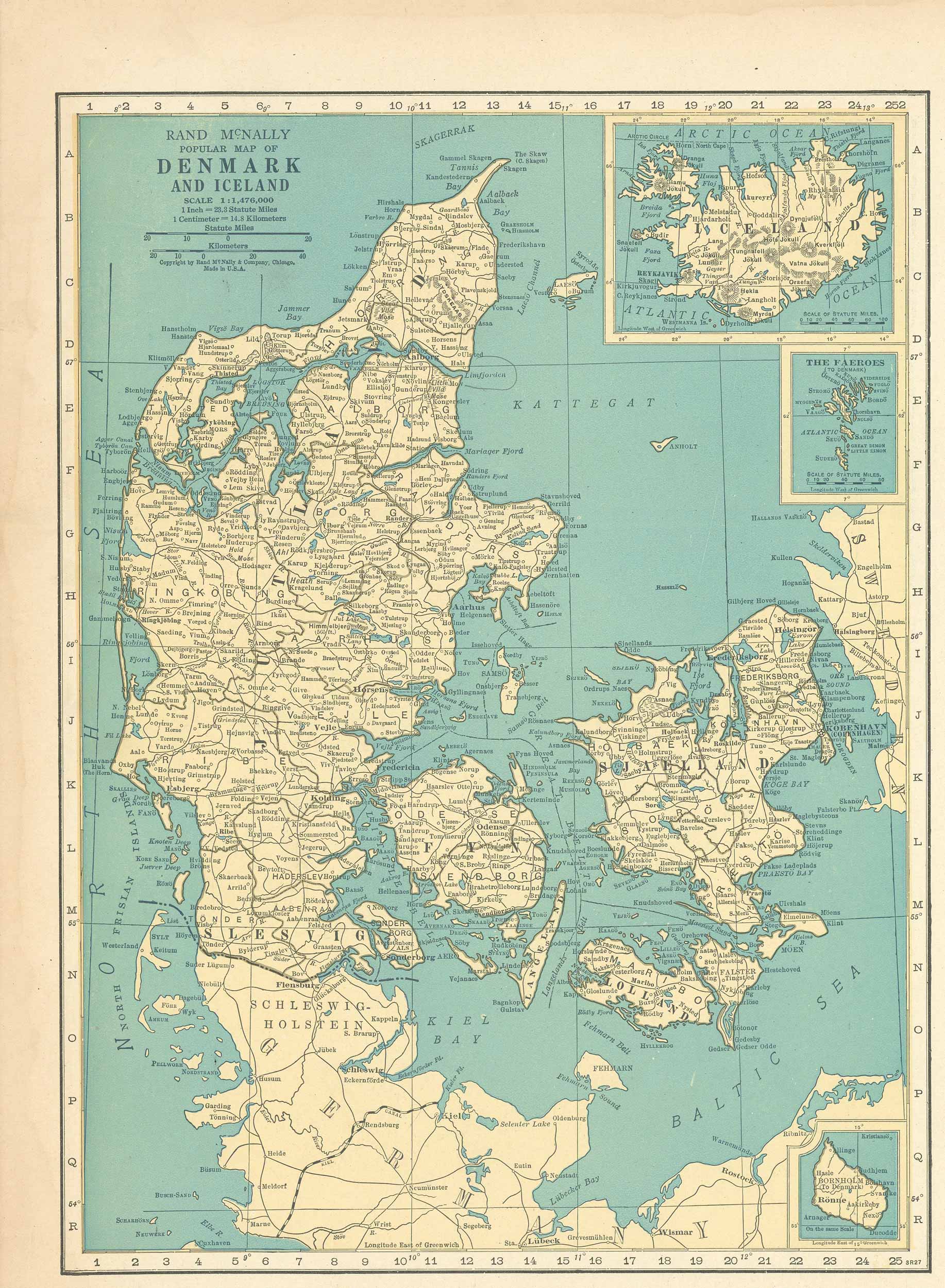 McNally's 1928 Map of Denmark and Iceland - Art Source International