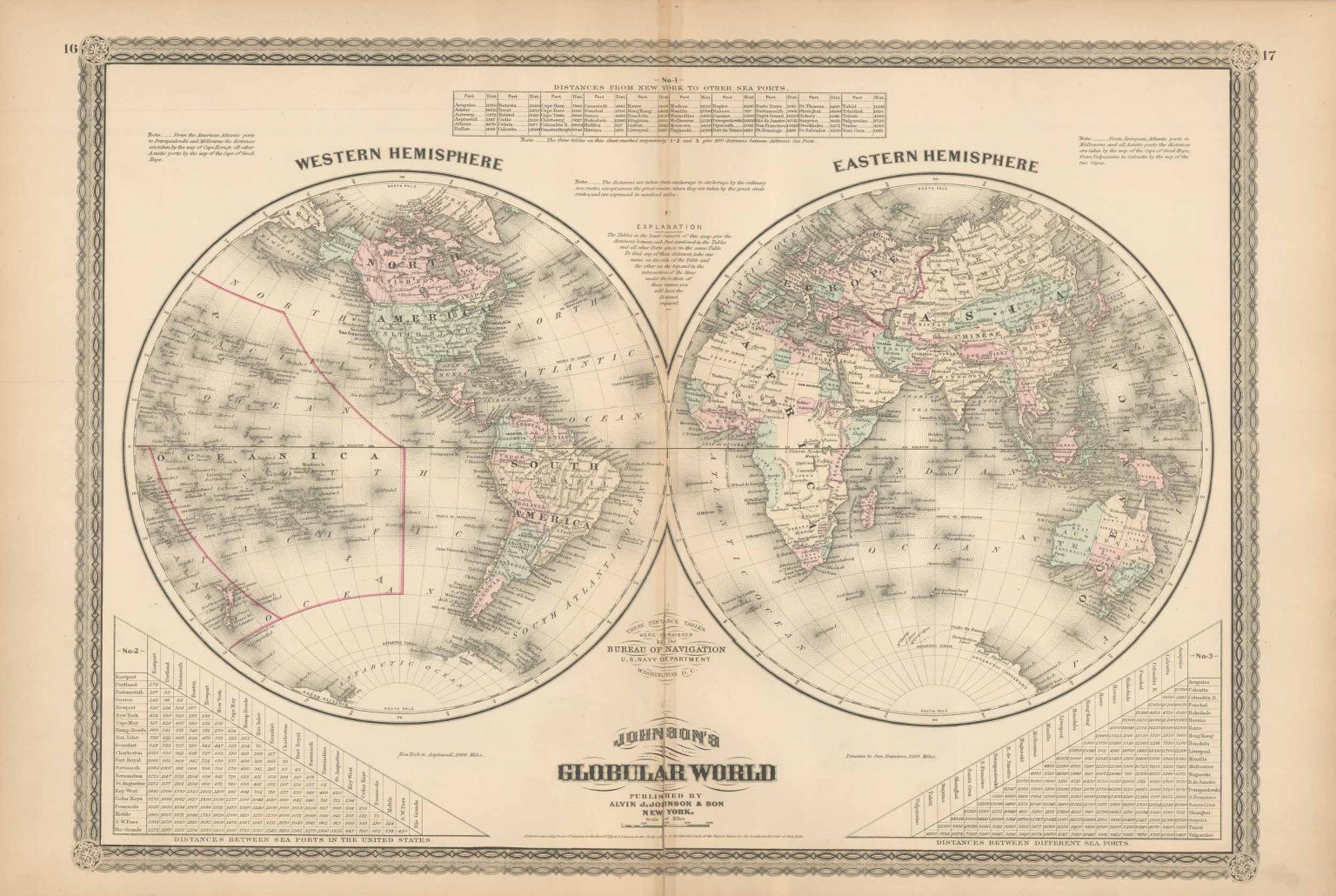 Johnson's 1880 Map of the Globular World showing the Western and ...