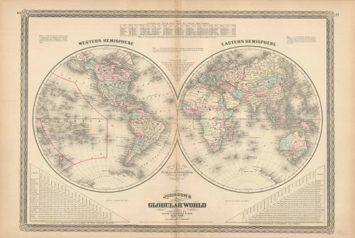 Johnson's 1880 Map of the Globular World showing the Western and Eastern Hemispheres - Art ...