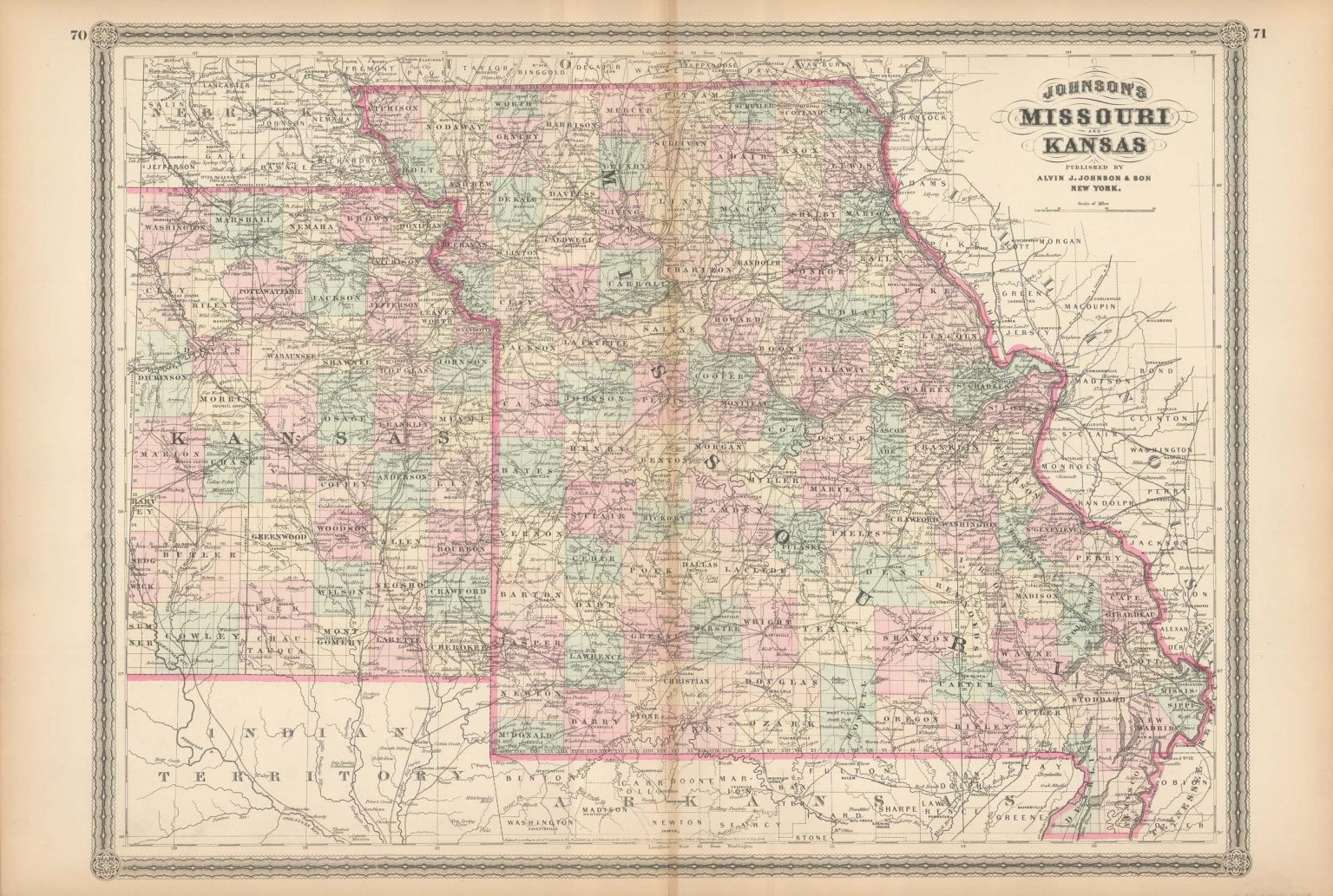 Johnson's 1880 Map of Missouri and Kansas - Art Source International