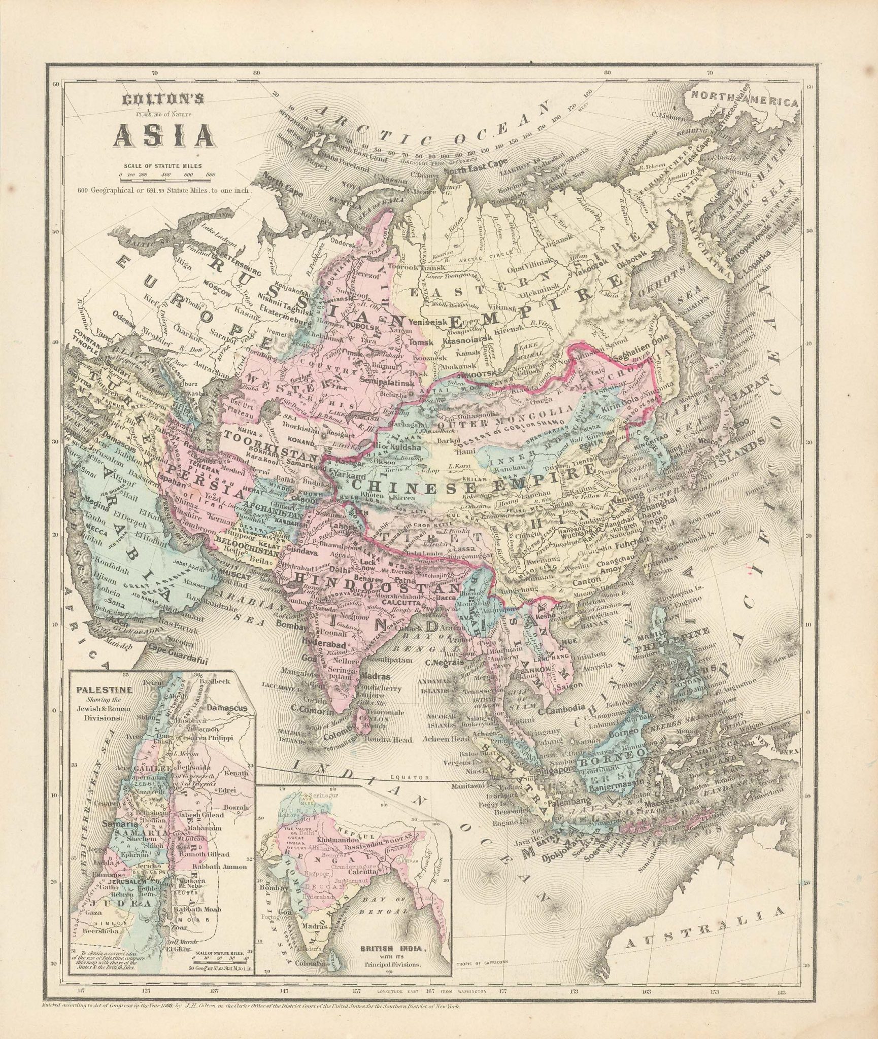 Colton's 1860 Map of Asia with inset Maps of Palestine and British ...