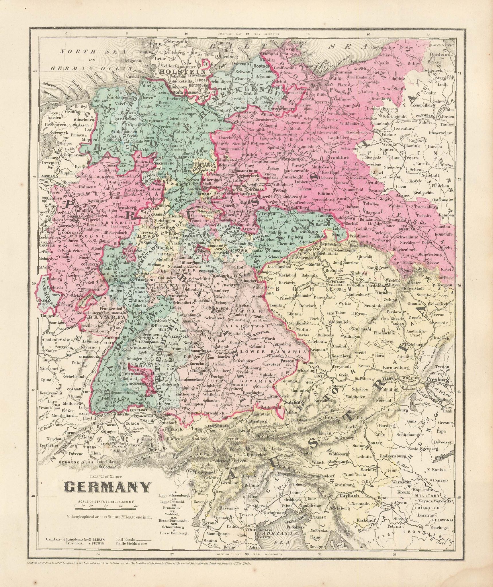Colton's 1860 Map of Germany - Art Source International