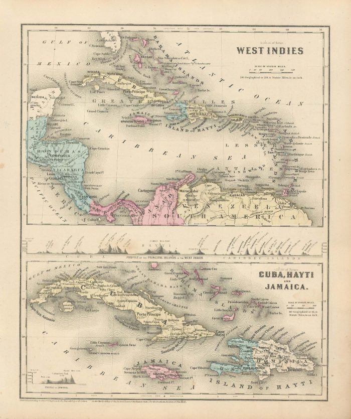 Colton's 1860 Physical Map of West Indies, Cuba, Hayti (Haiti), and ...