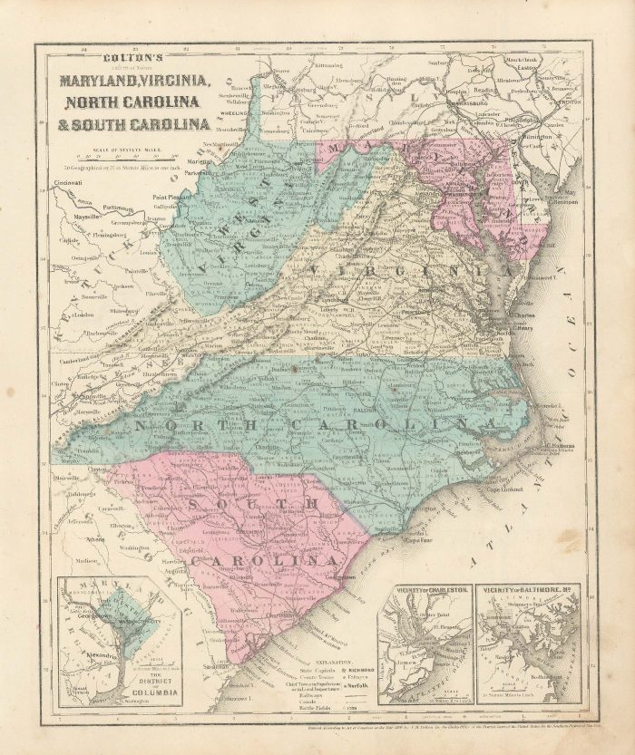 Colton's 1860 Map of Maryland, Virginia, North Carolina, and South ...