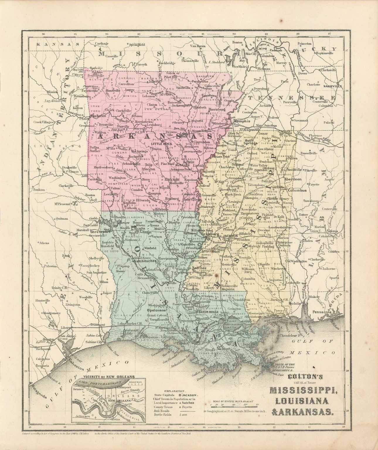 Colton's 1860 Map of Mississippi, Louisiana, and Arkansas with inset ...