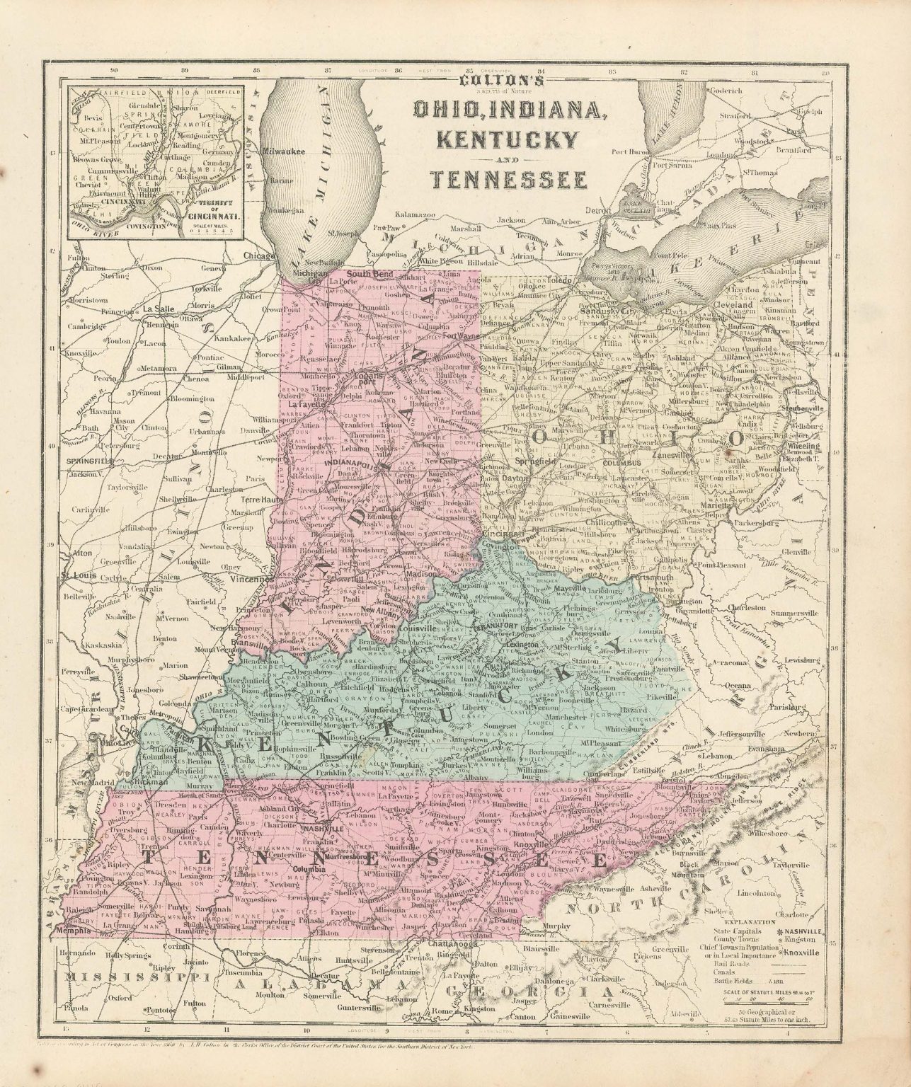 Colton's 1860 Map of Ohio, Indiana, Kentucky, and Tennessee with inset ...