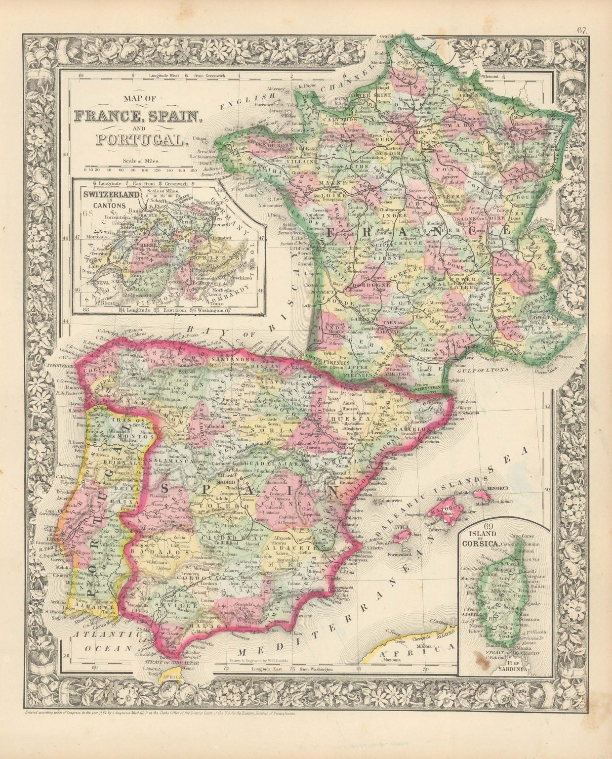 Mitchell's 1865 Map of France, Spain, and Portugal - Art Source ...