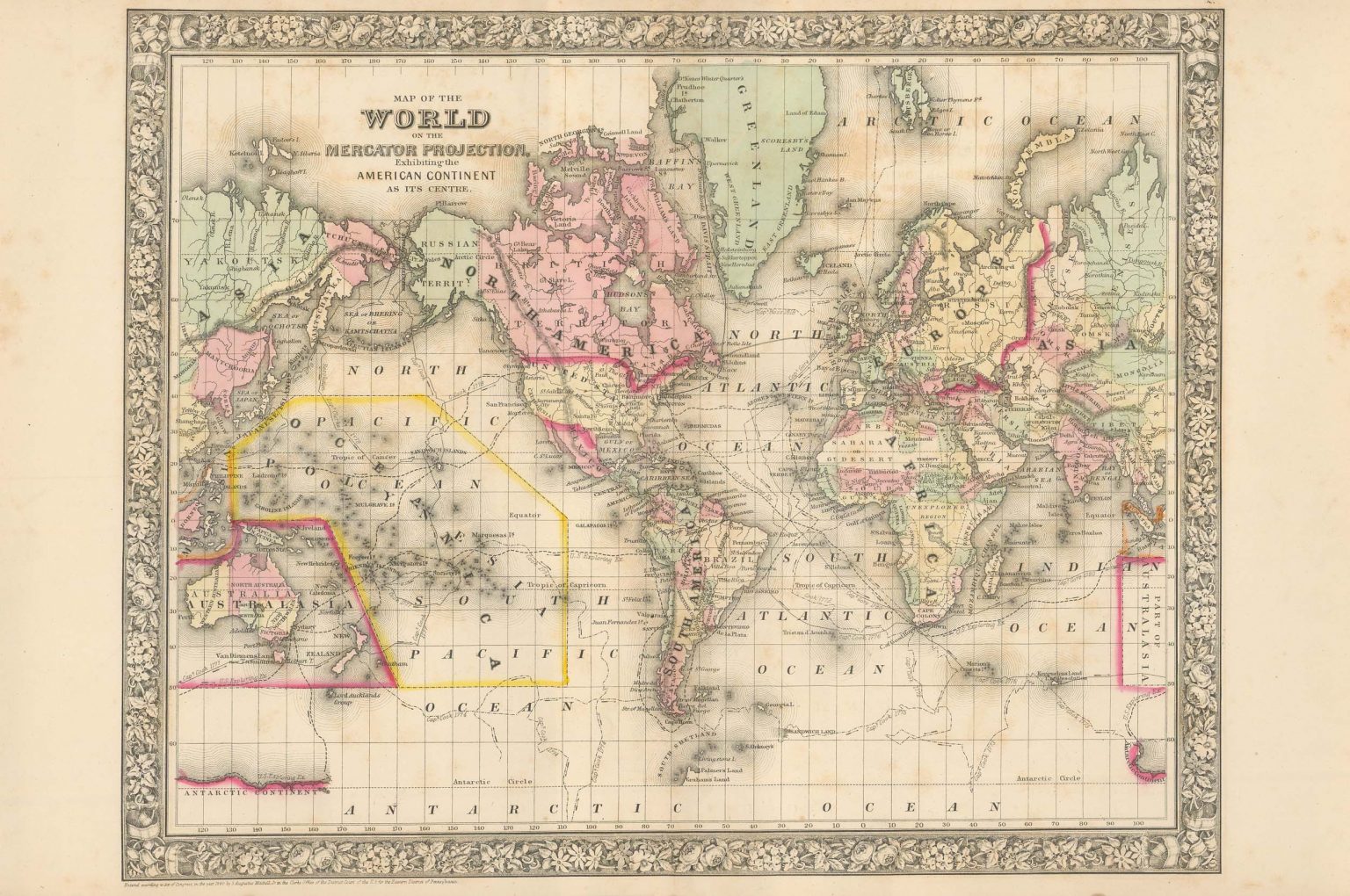 Mitchell's 1865 Map of the World on the Mercator Projection exhibiting ...