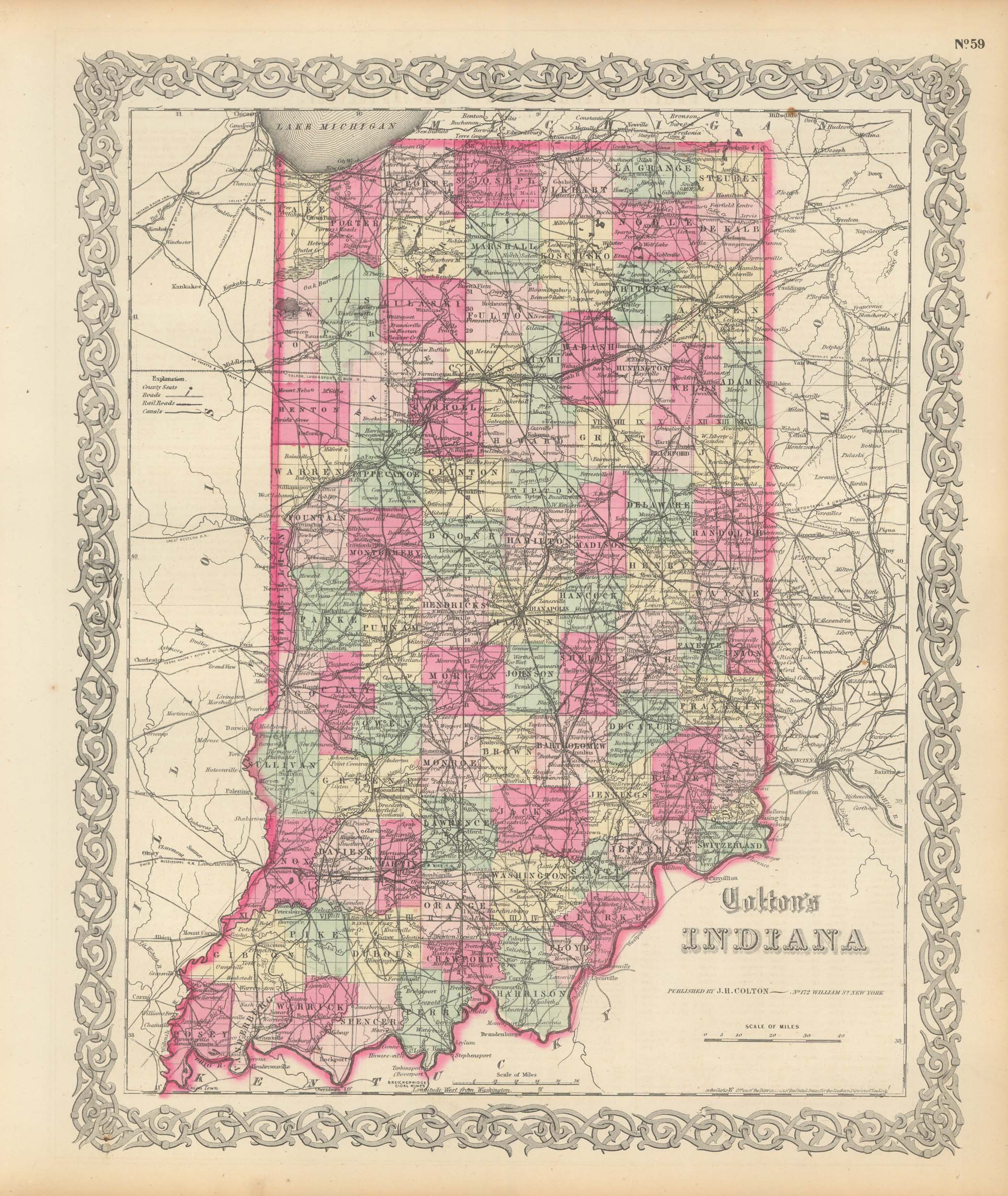 Colton's 1865 Map of Indiana - Art Source International