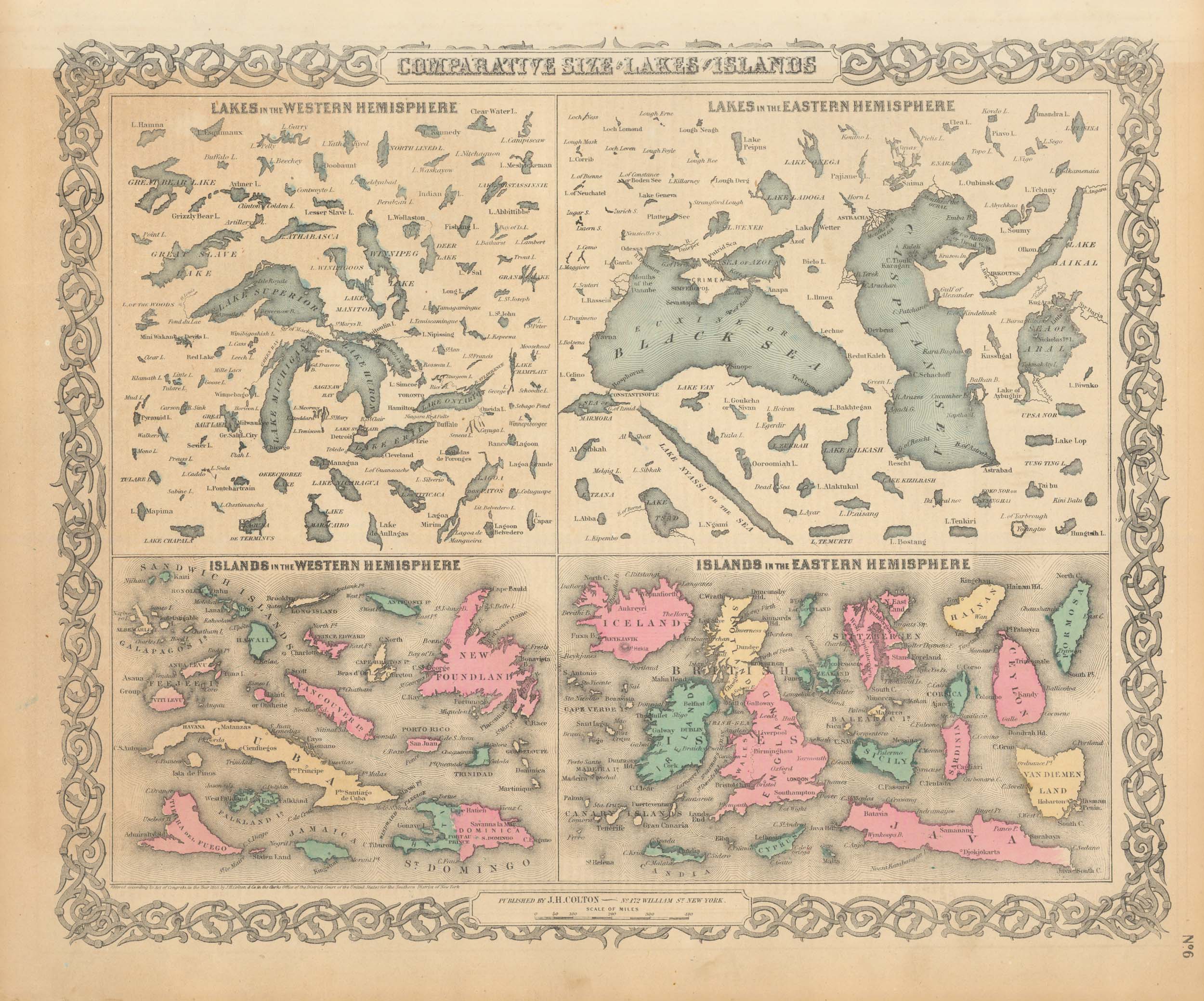 Colton's 1865 Map of Comparative Size of Lakes and Islands - Art Source ...