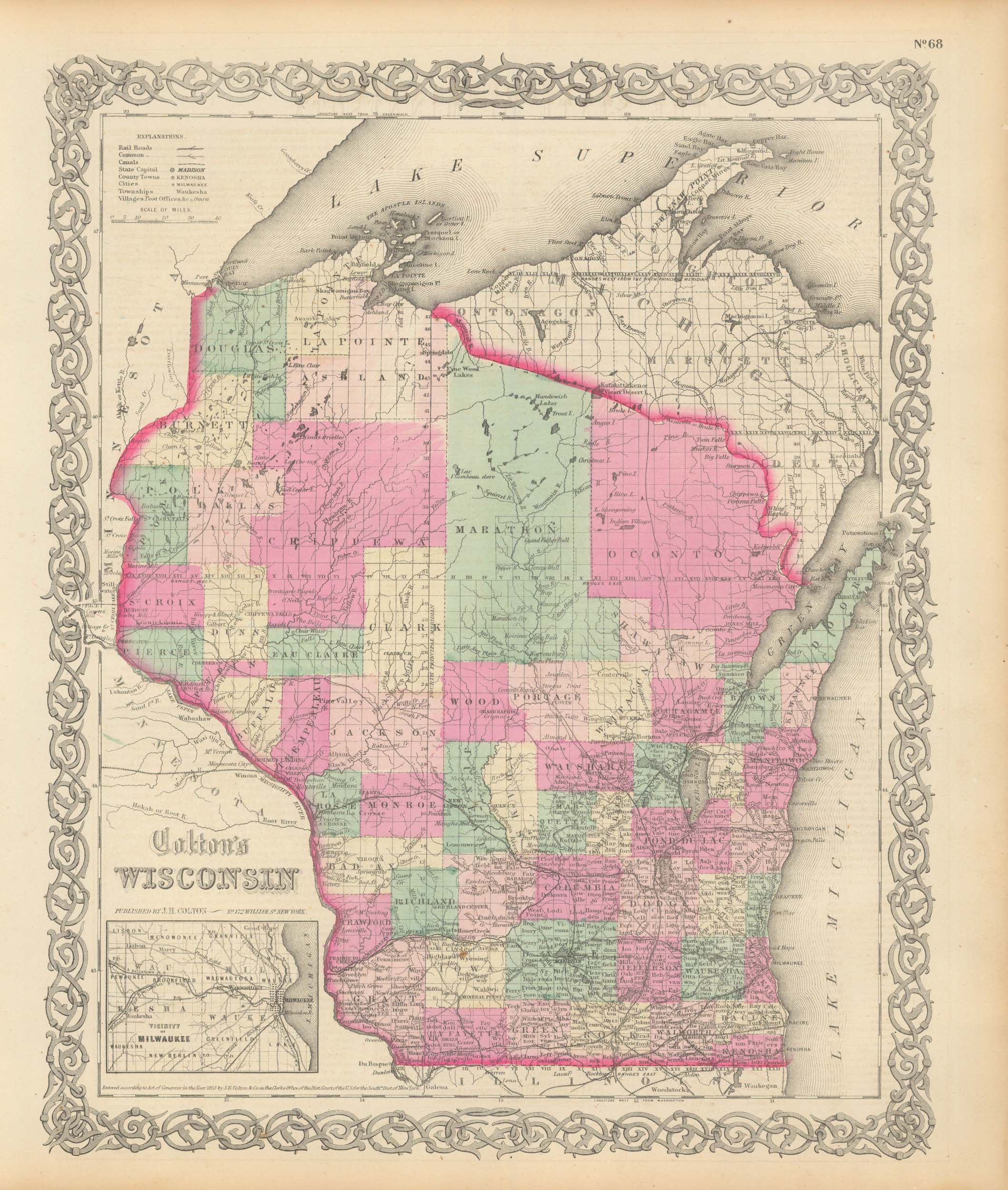 Colton's 1865 Map of Wisconsin - Art Source International